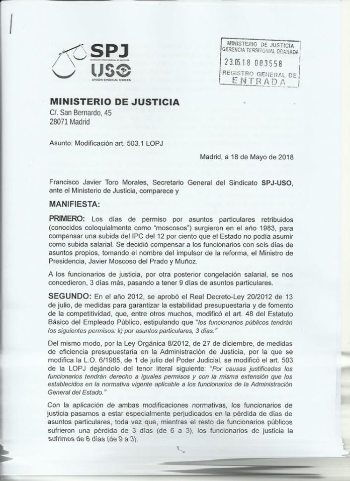 SPJ-USO NACIONAL CONTINÚA REIVINDICANDO AL MINISTERIO LA DEVOLUCIÓN DE LOS DÍAS DE ASUNTOS ...