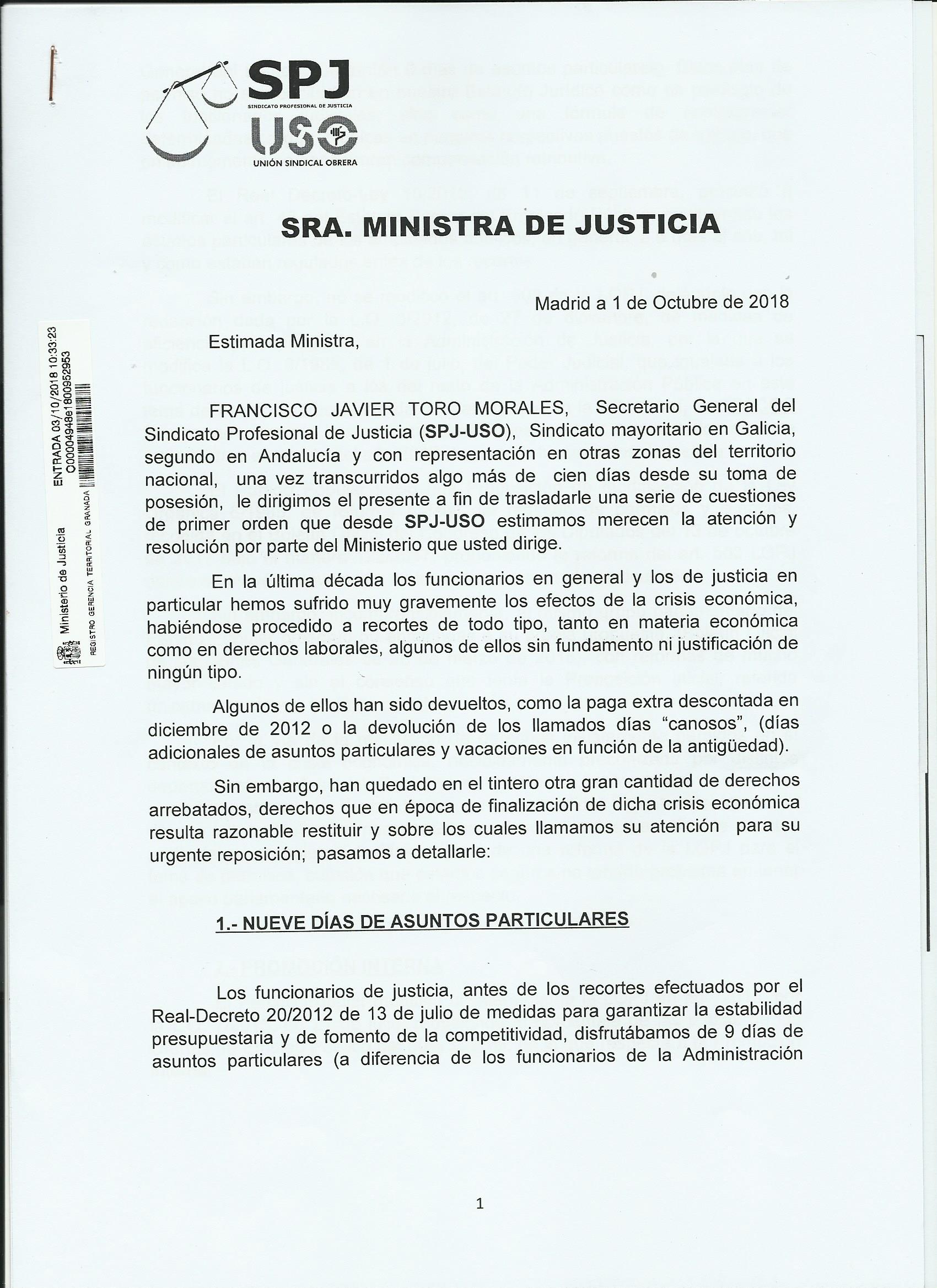 SPJ-USO NACIONAL. CARTA A LA MINISTRA DE JUSTICIA. - SPJ-USO