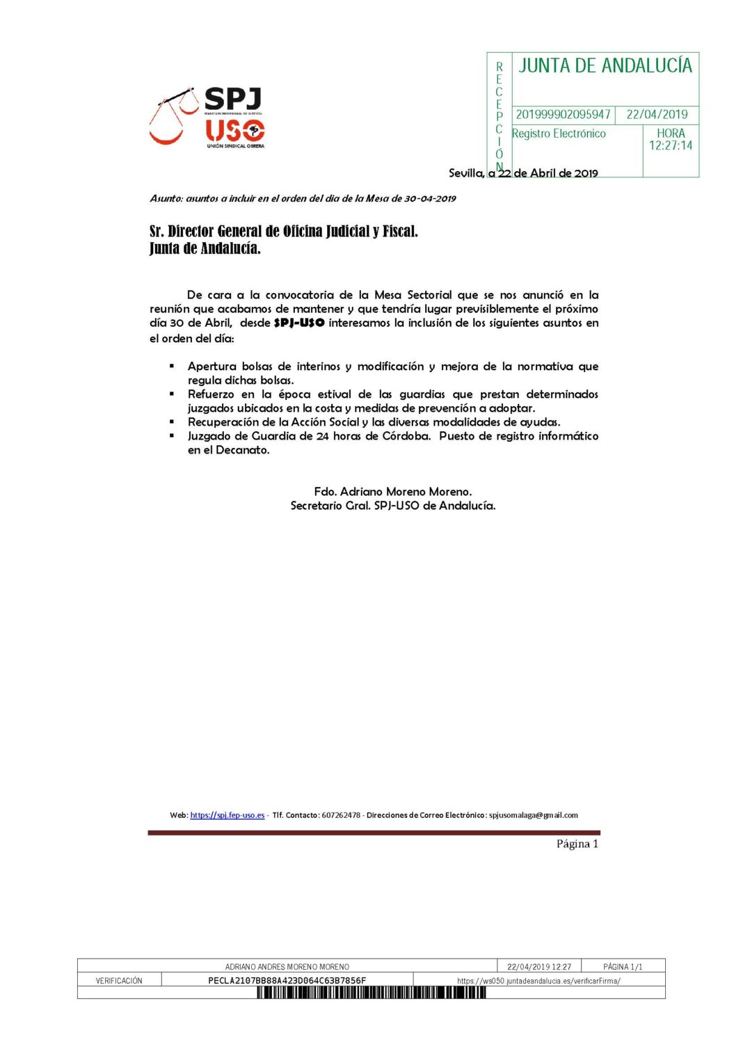 SPJ-USO ANDALUCIA. PRESENTACIÓN ESCRITO SOLICITANDO AMPLIACIÓN ORDEN DEL DIA EN MESA SECTORIAL ...