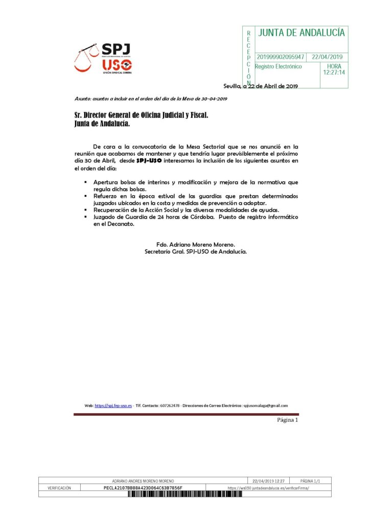SPJ-USO ANDALUCIA. PRESENTACIÓN ESCRITO SOLICITANDO AMPLIACIÓN ORDEN DEL DIA EN MESA SECTORIAL ...