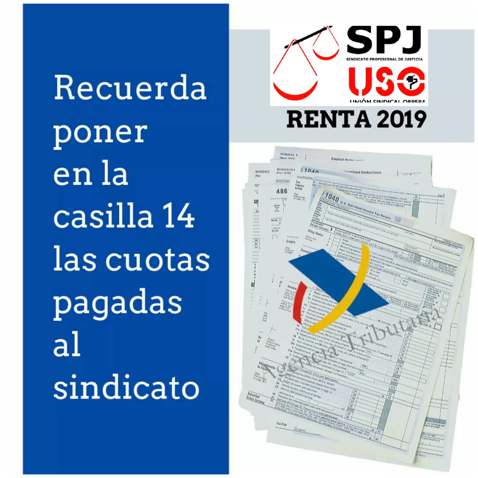 SPJ-USO NACIONAL. RENTA 2019. CERTIFICADO RETENCIONES, CUOTA SINDICAL DEDUCIBLE. - SPJ-USO