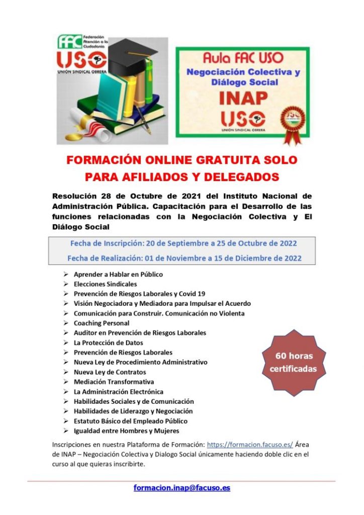 SPJ-USO NACIONAL. FORMACIÓN. FAC-USO. CURSOS DEL INAP PARA AFILIADOS - SPJ-USO
